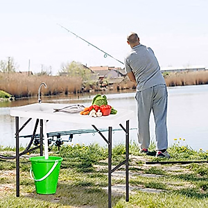 Goplus Portable Fish Cleaning Table with Sink, Folding Outdoor Camping Sink Station with Hose Hook Up, Heavy Duty Fillet Table with Faucet for Dock Beach Patio Picnic