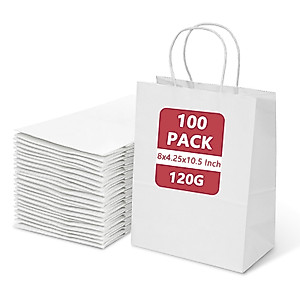 TOWRAP White Gift Bags 100Pcs 8x4.25x10.5 Inch Paper Bags with Handles Bulk,Party Bags, Shopping Bags,Retail Bags,Merchandise Bags,Favor Bags,Business Bags