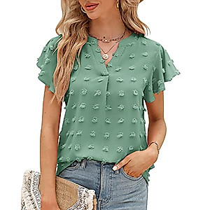Womens Summer Casual V Neck Tops Ruffle Short Sleeve Tunic Swiss Dot Dressy Flowy Blouses Shirts 2023 Light Green