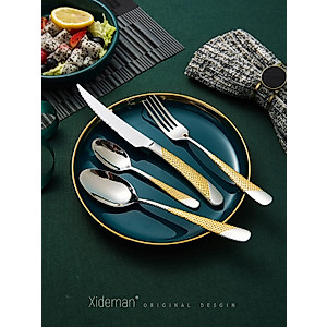 Xideman 16 Piece Hammered Silver Gold Silverware Set, Modern Golden 18/10 Stainless Steel Flatware Set, Kitchen Utensil Set Service for 4, Tableware Set, Cutlery Set, Knives Forks Spoons Set