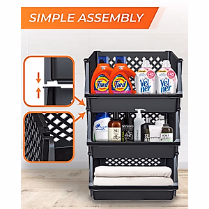 Skywin TidyFriend Large Plastic Stackable Storage Bins for Pantry Black - 3-Pack, Large Stackable Bins For Organizing Food, Kitchen, and Bathroom Essentials (Rhombus)