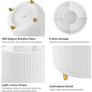 Famyards Makeup Brush Holder, 360° Rotating Makeup Brush Organizer, 5 Slot Large Capacity Cosmetic Brushes Storage Countertop for Vanity, White