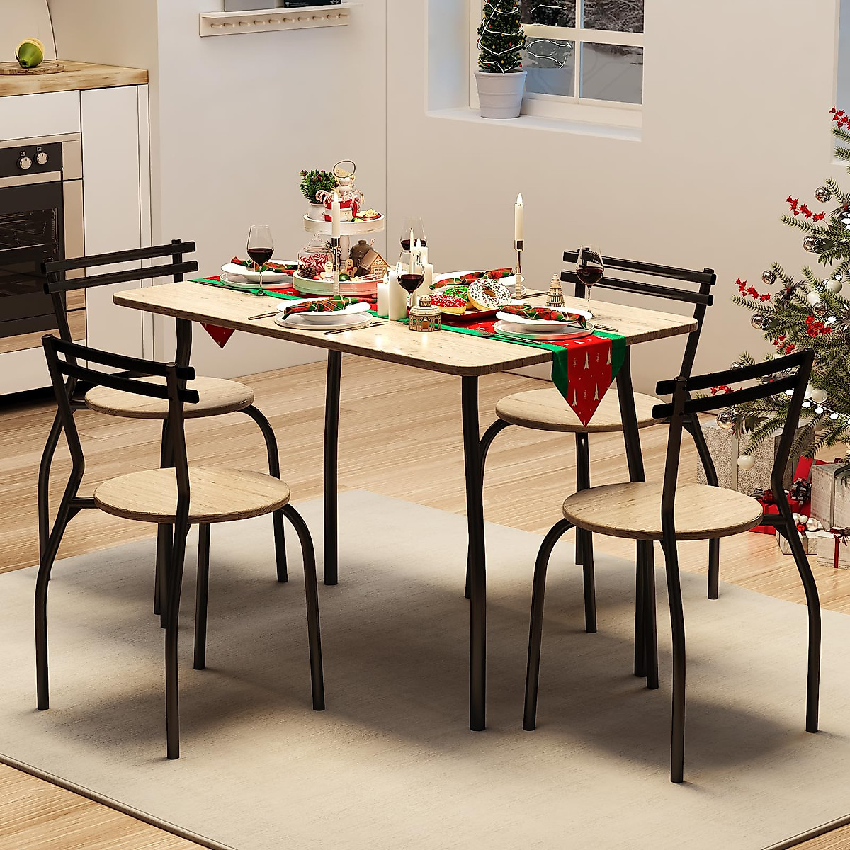 REHOOPEX Dining Table Set for 4, 5-Piece Kitchen Table and Chairs for 4, Metal Frame with Wood Top, Modern Small Dining Table Set Ideal for Dining Room, Small Space, Apartment (Black+Wood)