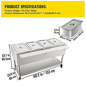 Commercial Electric Food Warmer | 4-Pot Steam Table with 2 Lockable Wheels | Food-Grade Stainless Steel | ETL Certified for Catering and Restaurants
