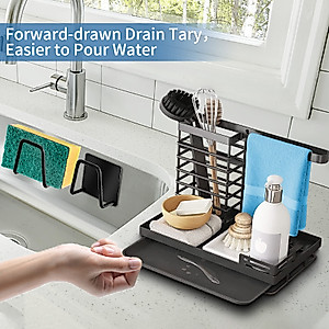 ROMINVIC Sink Caddy Organizer,Kitchen Caddy for Sponge Dishcloth Brush Holder with Black Drain Tray and 2 Sponge Holders 304 Stainless Steel Rustproof