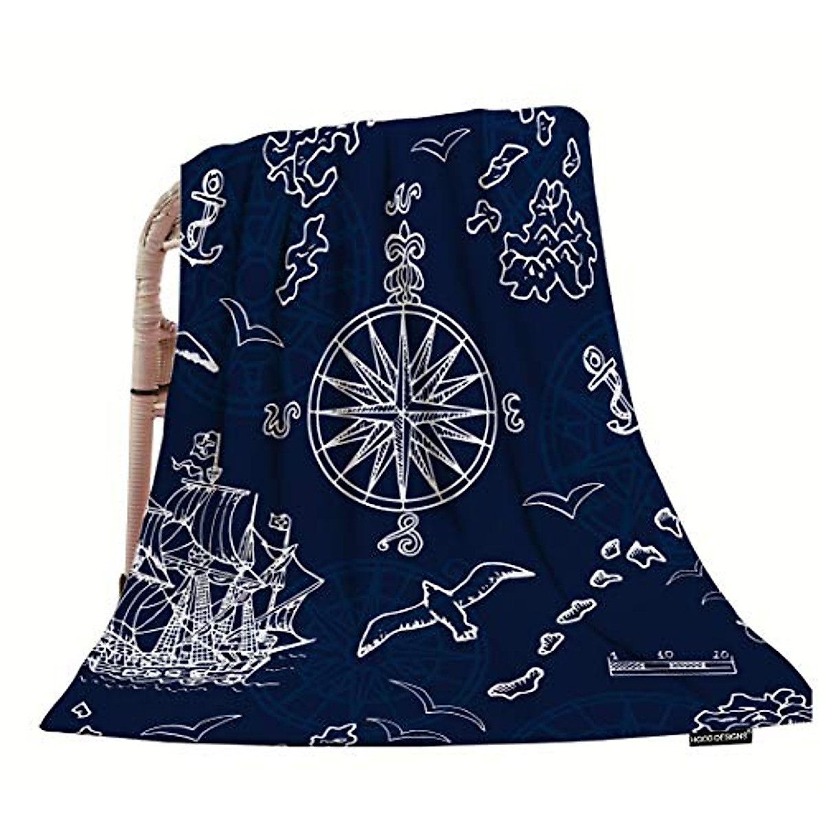 HGOD DESIGNS Pirate Adventures Throw Blanket,Marine and Nautical Elements Old Ships Compass Treasure Islands On Blue Soft Warm Decorative Throw Blanket for Bed Chair Couch Sofa 30"X40"