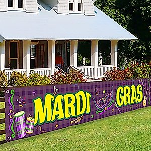 Large Mardi Gras Banner for Fence New Orleans Themed Party Decoration, Carnival Party Hanging Decoration for Indoor Outdoor Decoration