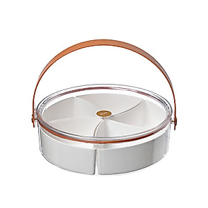 Clear Divided Serving Tray with Lid and Handle, Round Portable Plastic Veggie Tray Party Platter Food Storage Container Box for Snack Dried Fruit Nuts Candy Appetizer Vegetable