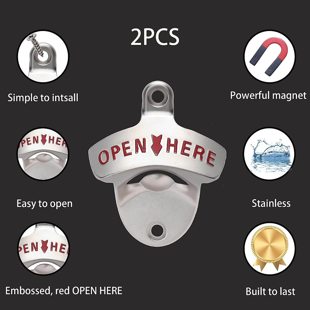 Luwanburg Stainless Wall Mounted Magnetic Beer Bottle Opener- Silver Magnetic Bottle Cap Opener Mountable (Pack of 2)