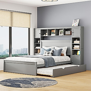 Harper & Bright Designs Queen Platform Bed with All-in-One Cabinet, Shelf and Sockets, Wood Queen Beds with 2 Storage Drawers and Trundle, Queen Size Bed Frame for Bed Room, No Box Spring Needed,Gray