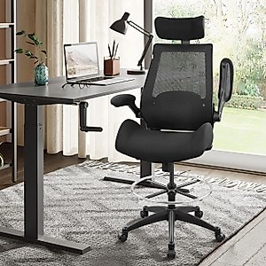BOLISS 400lbs High-Back Mesh Ergonomic Drafting Chair,Tall Office Chair, Standing Desk Chair,Adjustable Headrest,with Flip-Up Arms,Lumbar Support Swivel Computer Task Chair-Black