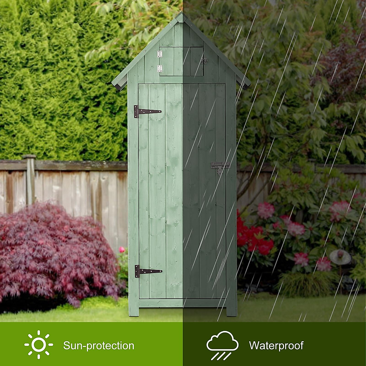 Shed Outdoor Storage Cabinet, Wood Garden Sheds with Floor, Outside Tool Outhouse Organizer with Waterproof Roof, Shelves and Lockable Door for Patio Hallway and Backyard (Green)