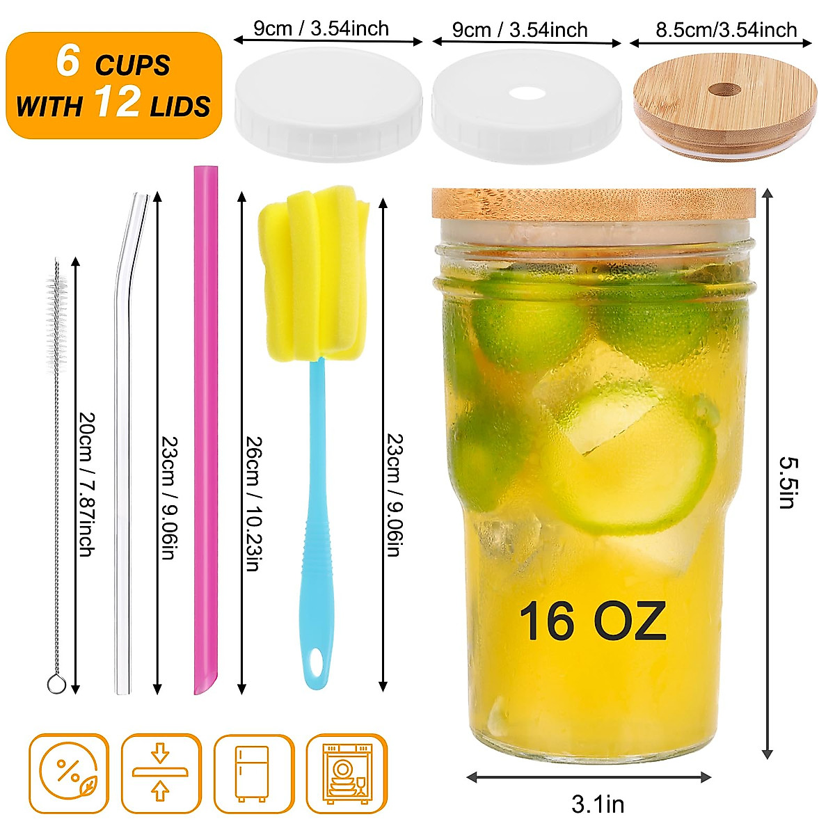 Moretoes 6pcs 16oz Glass Cups with Lids and Straws, Glass Iced Coffee Cups Cute Travel Tumbler Cups, Drinking Jars Set Reusable Boba Bottle for Jumbo Smoothie, Cold Brew, Soda, Juice