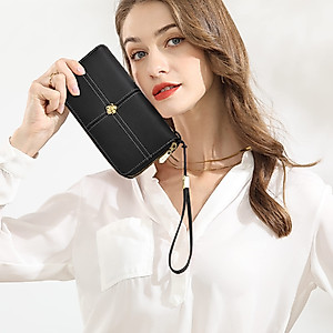 Pomelo Best Real Leather Women's Wallet with Camellia Ornament, RFID Blocking, Coin Pocket, Black, L