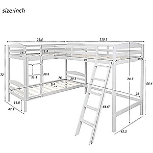 STP-Y Twin Over Twin Bunk Bed with 2 Ladders, Twin L-Shaped Bunk Bed and Loft Bed with Full-Length Guardrail, 3 Solid Wooded Bed Frames for Kids (White)