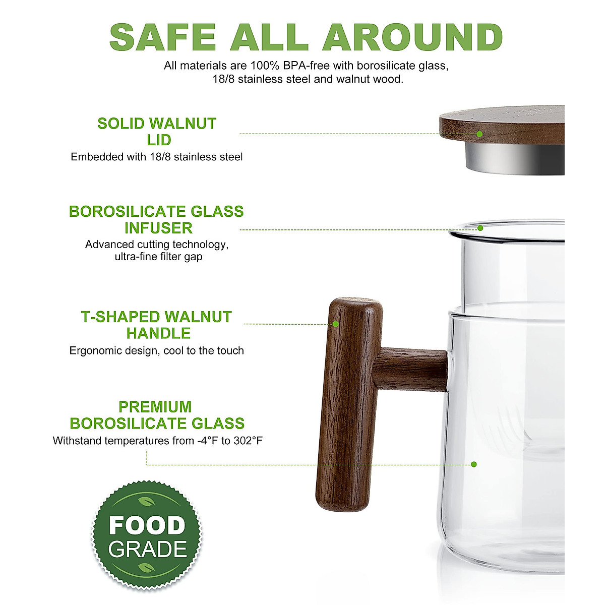 SUSTEAS Tea Cup with Infuser 13.5oz/400ml Glass Tea Mug with Lid - Clear Teacup with Wooden Handle for Tea Steeping at Home and Office, Housewarming & Birthday Gift