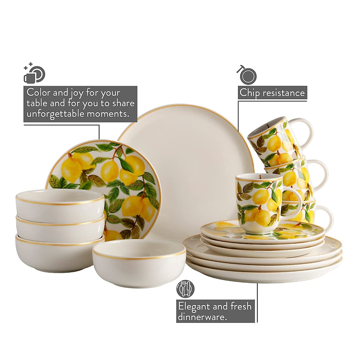 Corona Dinnerware Set 16– piece, Plates Bowls and Mugs Set, Ceramic Sets for 4, Microwave and Dishwasher Safe, Alegra Yellow Lemon Design