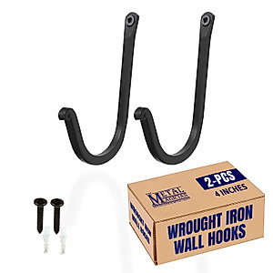 The Metal Magician Single Prong Wrought Iron Hooks, Vintage Hand Forged Iron Classic Hook Set – Rustic Curved Metal Fasteners – Decorative Colonial Wall Décor (Set of 2)