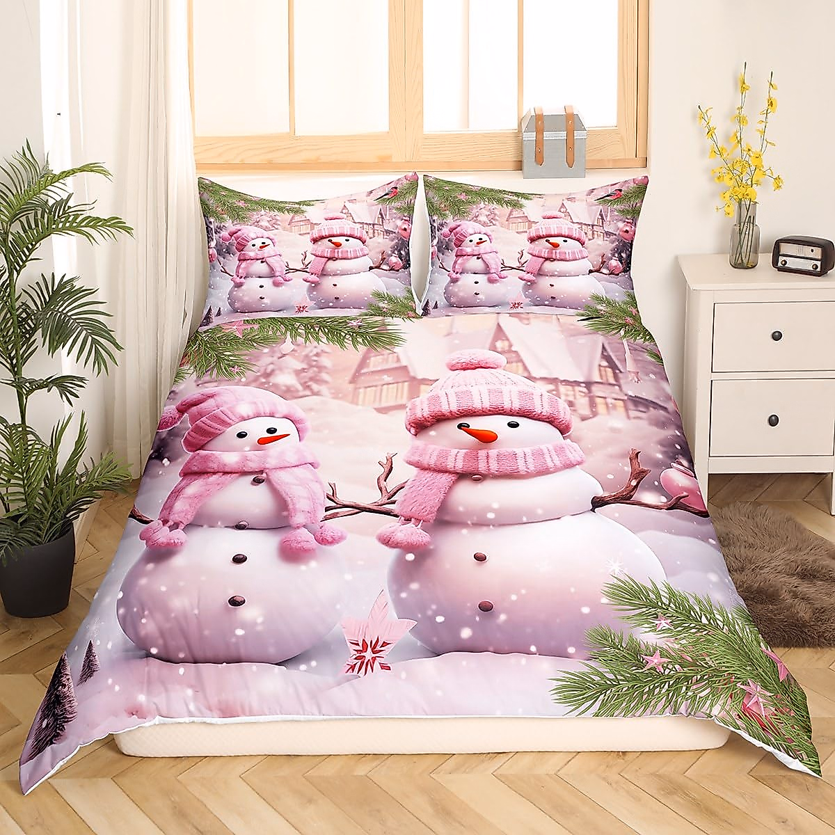 Manfei Cute Snowman Bedding Set for Kids Girls Girly Pink Scarf Comforter Cover Winter Style Snow Duvet Cover Kids Girls Room Decor Happy New Year Bedspread Cover Queen Bedding Collection 3Pcs