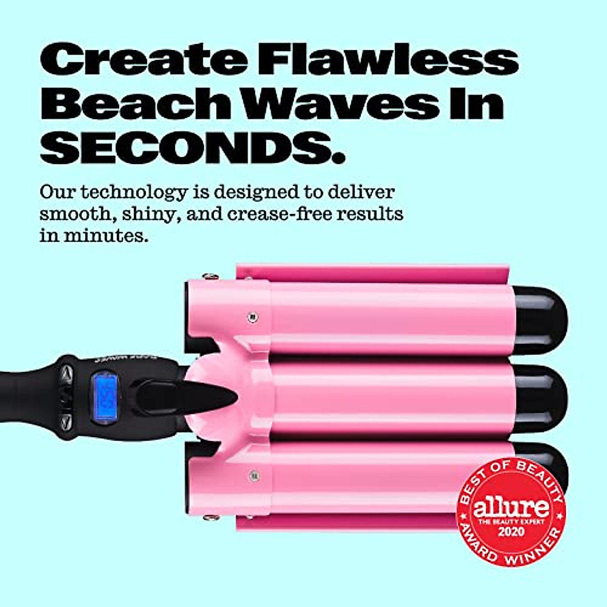 Trademark Beauty Babe Waves Jumbo -Three Barrel Hair Waver, Curling Iron, 1.25 Inch, Quick Heat, Adjustable Temperature Hair Curler - Pink