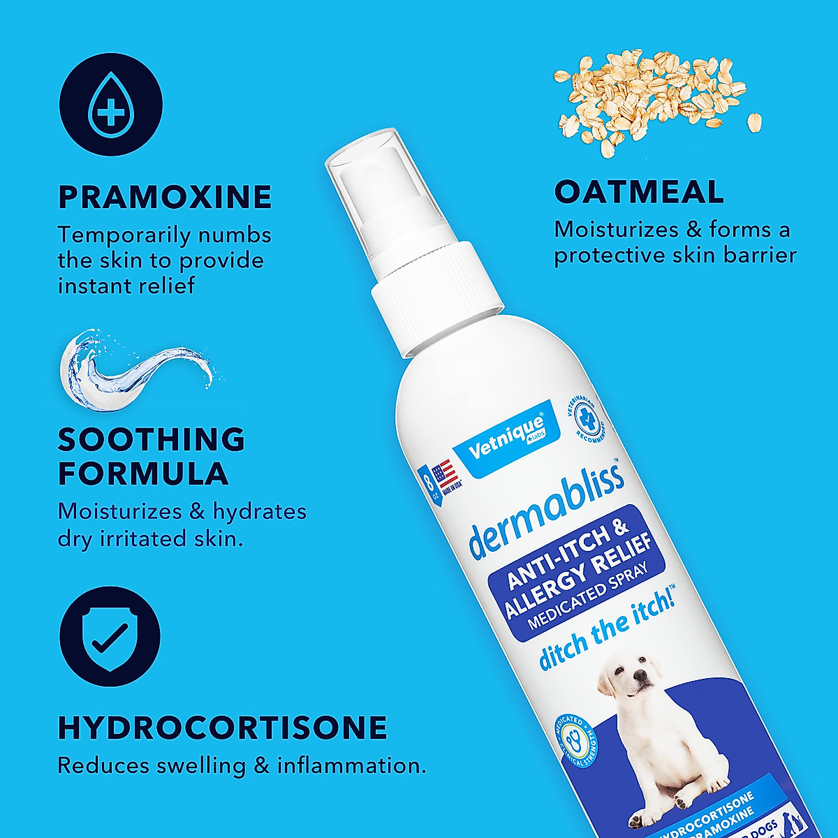 Vetnique Labs Dermabliss Allergy Chews 60ct & Dermabliss Anti-Itch/Allergy Relief Spray (8oz) Bundle Complete Skin Allergy Relief for Dogs with Dog Allergy Supplements, Hydrocortisone Spray for Dogs