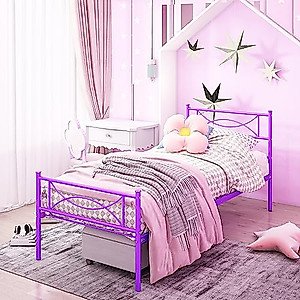 Purple Twin Bed Frames with Storage for Girls Adults Teens, Single Bed Metal Twin Size Beds, Twin Bed Frame No Box Spring Needed Twin Platform with Headboard for Students