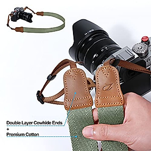 Light Green Camera Strap - Double Layer top-grain Cowhide Ends,1.5"Wide Pure Cotton Woven Camera Strap,Adjustable Universal Neck & Shoulder Strap for All DSLR Cameras,Great Gift for Photographers