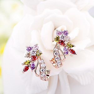 BISAER Rose Gold Plated Flower Stud Earrings Multicolor Cubic Zirconia Earrings for Women CZ Jewelry Gifts Colorful CZ Earring