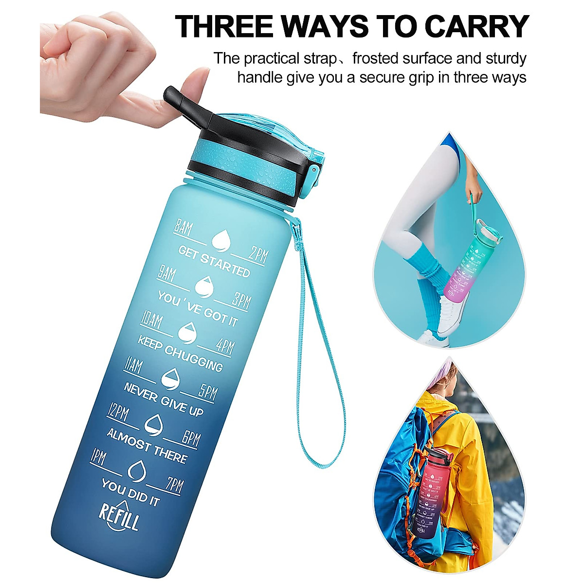 ELYPHINE 32/24 oz Water Bottles with Removable Straw & Time Marker, Motivational Sports Bottles with BPA Free Tritan Material, Leakproof Water Jug for Fitness