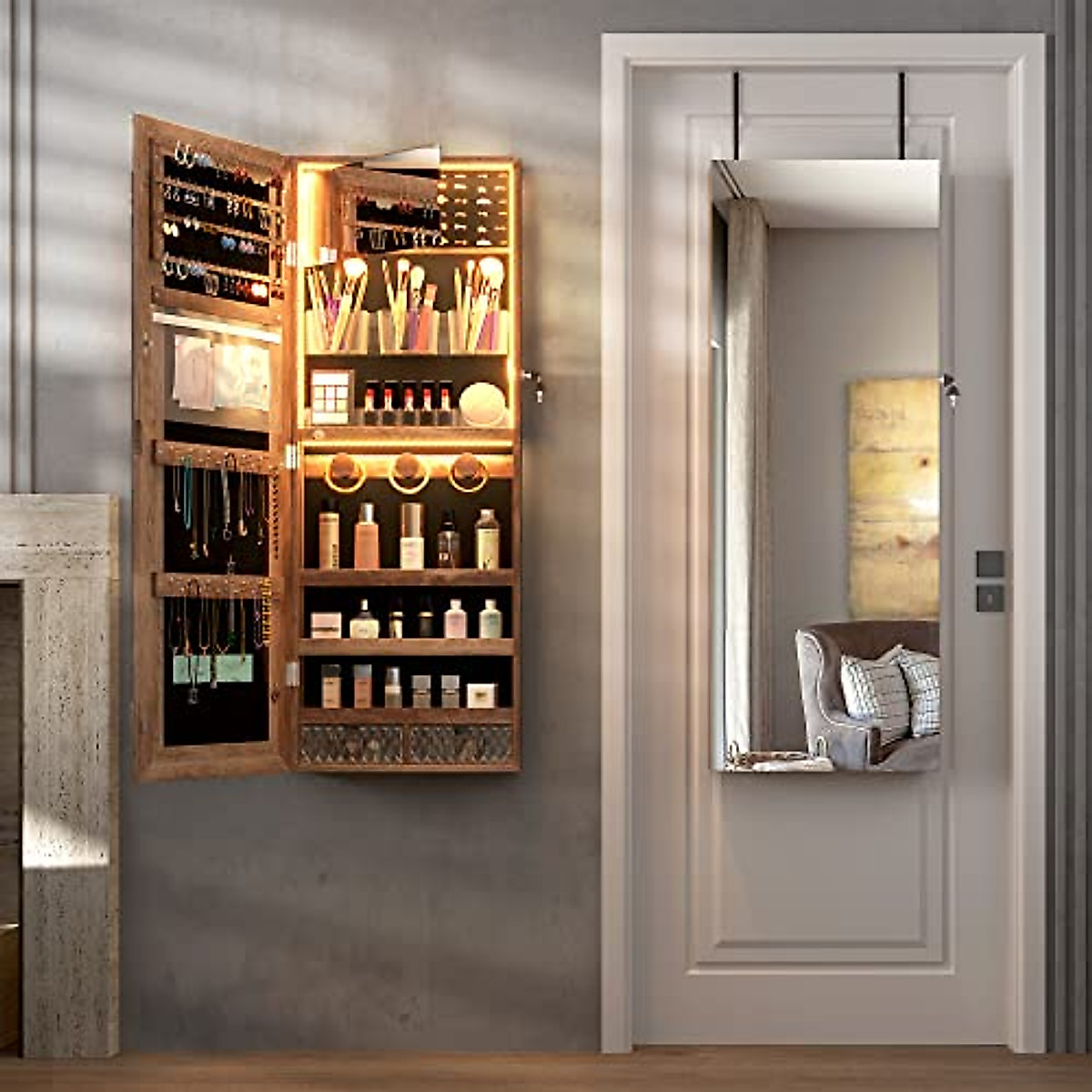 Vlsrka Mirror Jewelry Cabinet with 3 LED Lights, Wall/Door Mounted Jewelry Armoire Organizer with Full Length Mirror Large Capacity Storage Hanging Cabinet, Built-in Lighted & Movable Makeup Mirror