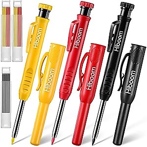 Hiboom 3 Pack Solid Carpenter Pencil with Pencil Cap and 21 Pcs Refills, Deep Hole Mechanical Pencil Marker with Built in Sharpener for Carpenter Woodworking Architect