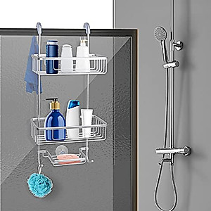 Duwee Over The Door Shower Caddy, NeverRust Aluminum Over the Shower Door Caddy, Hanging Shower Caddy for Shampoo Conditioner, 3 Tier Bathroom Shelf Organizer with Hooks for Razors Towels(Silver)