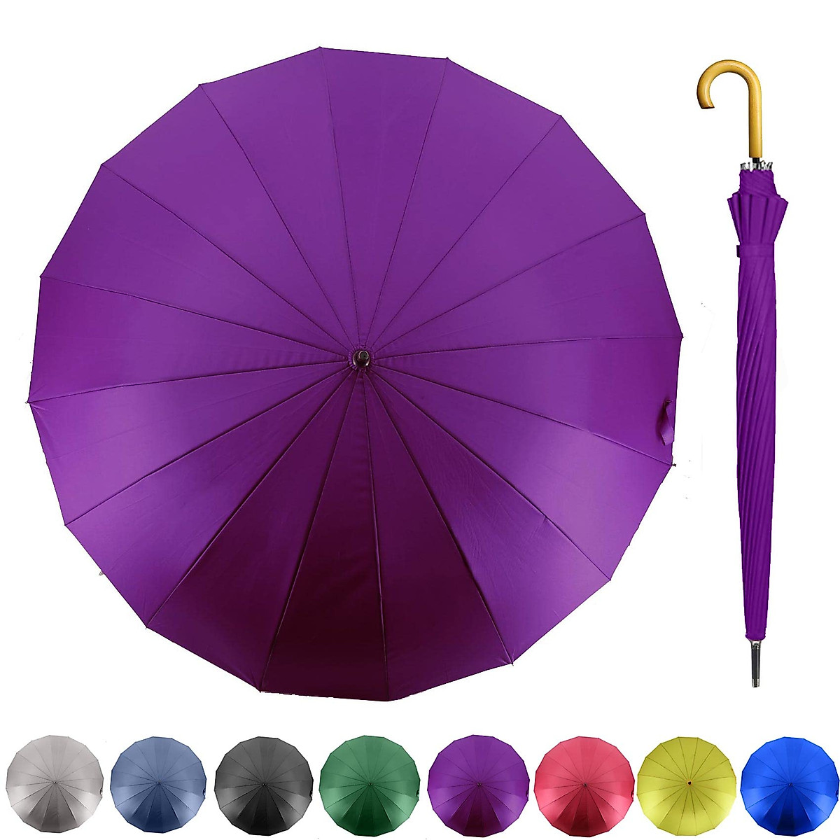 MRTLLOA 52 Inch Windproof Large Umbrellas for Rain, 16 Ribs, J Wooden Handle, 210T High-density Fabric Golf Stick Umbrella(52 Inch, Purple)