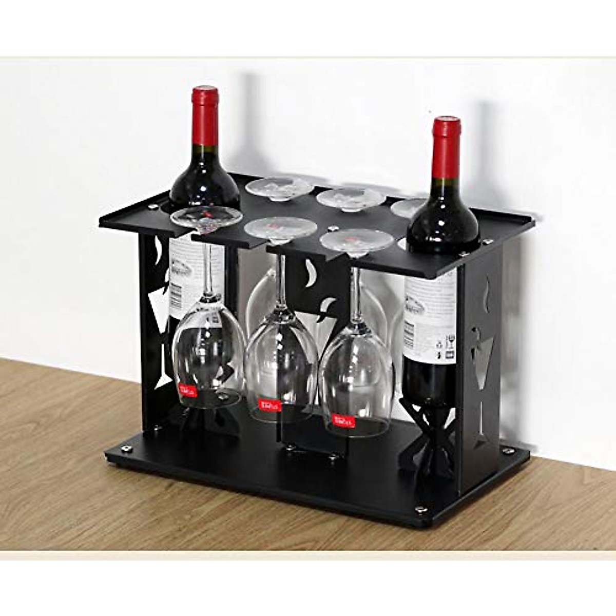 PIBM Stylish Simplicity Wine Shelf Freestanding 2 Bottles of Wine Display Stand, Countertop 6 Wine Glass Hangers