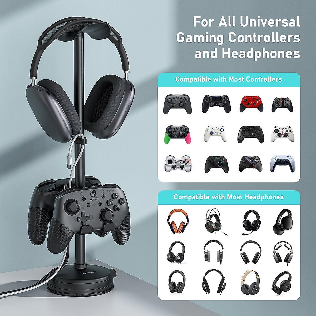 Desktop Headphone Controller Stand Holder with Anti-Slip Heavy Base Stable Suction Cup, Universal Aluminum Headset Controller Storage Organizer Compatible for PS5/Switch Pro/Xbox/Airpods/Beats/Bose