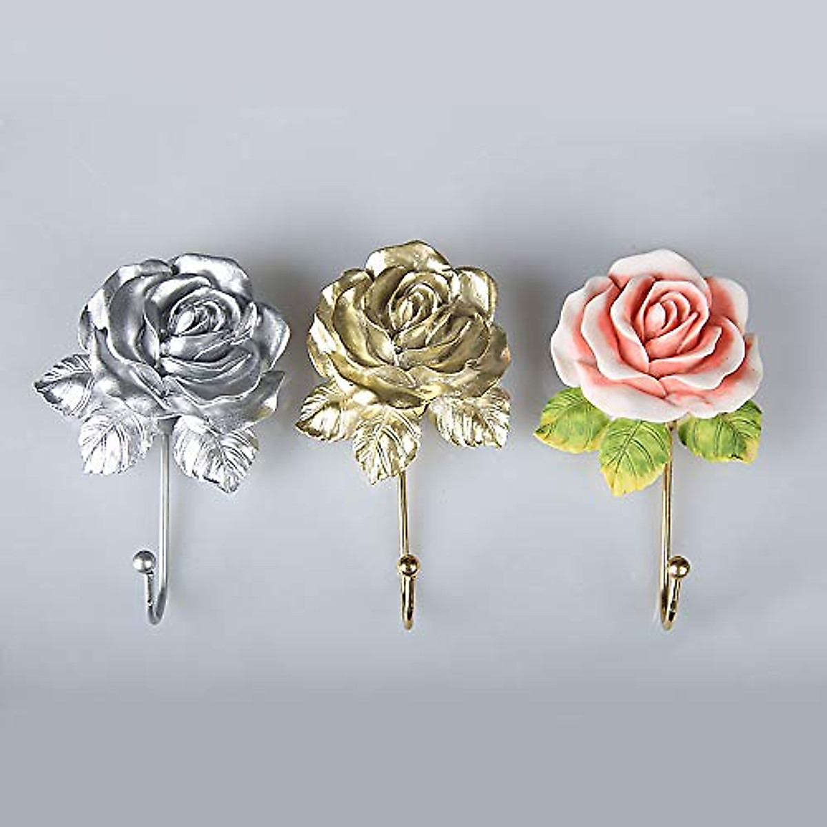 MDPLY Classic Rose of Pastoral Coat Hook Wall Mounted Wall Decor Durable Handmade Resin Decorative Robe Hook, Scarf, Bag, Towel, Hat etc for Kitchen Bathroom Office (Silver)