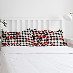 3 Pieces Bedding Set Twin Size, Valentines Soft Durable Duvet Cover Set Comforter Cover Set with Zipper Closure&Corner Ties All-Season Breathable Bedding Set Red Love Heart Tree Black and White Plaid