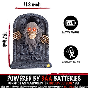 ELAMAS Halloween Animated Zombie Tombstone - Animatronic Skeleton Decorations with Sound Activated, Creepy Voice, Spooky Skull Head, Light Up Eyes, Scary Motion, Horror Prop for Indoor/Outdoor