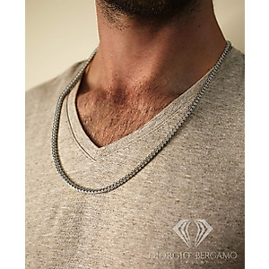 Giorgio Bergamo 925 Italian Sterling Silver 3mm Solid Franco Chain, Rhodium Plated Square Box Link Necklace, (24)