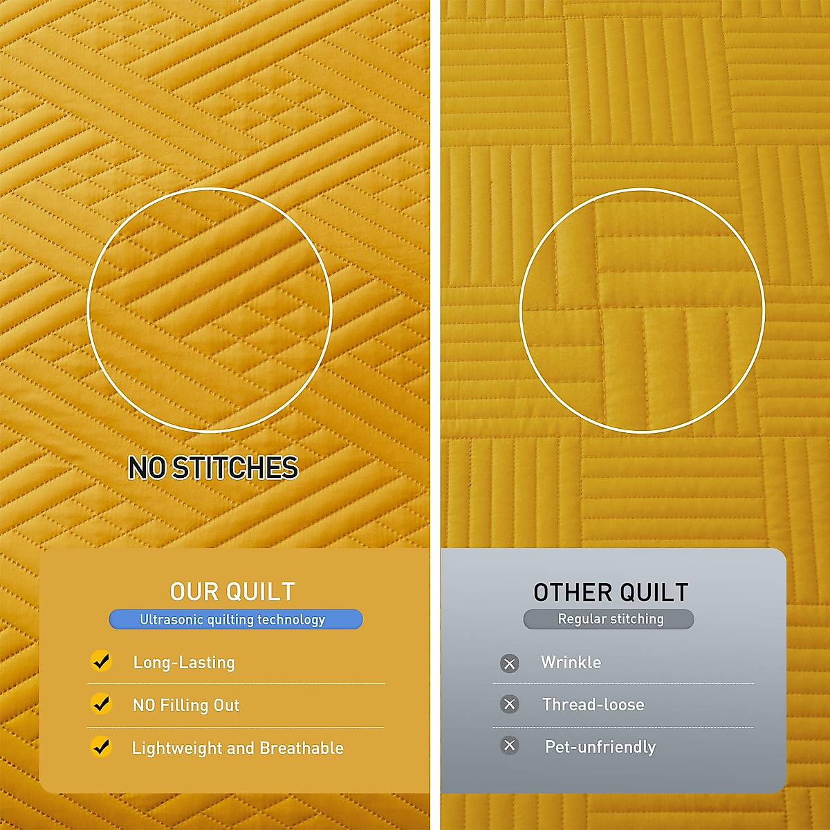 Lavsiry Mustard Yellow Quilt Queen Size with Striped Pattern, Lightweight Soft Summer Thin Microfiber Bedspread & Coverlet Bedding Set for All Seasons - 3 Piece(1 Quilt, 2 Pillow Shams)