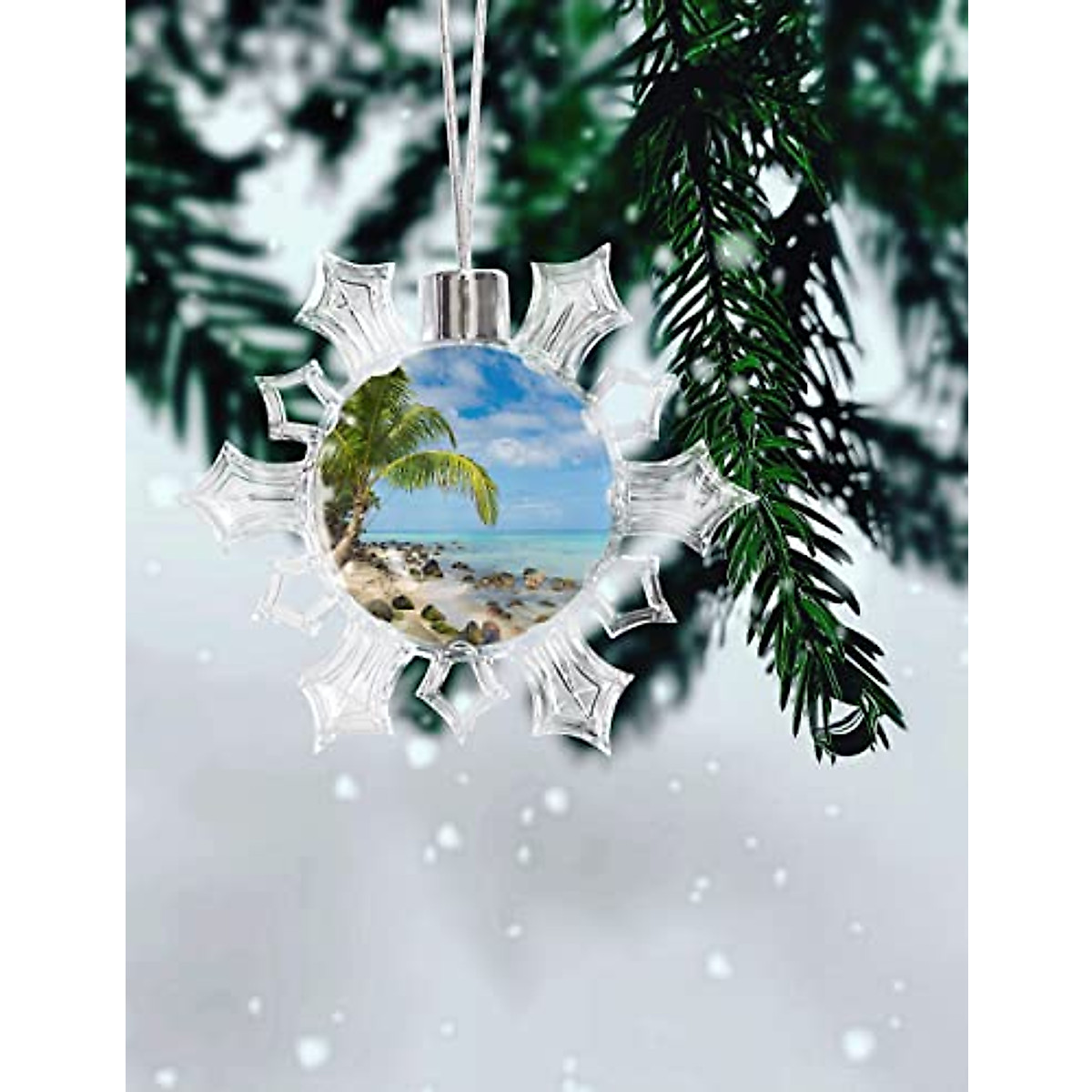 Christmas Snowflake Hanging Ornaments,Palm Tree Beach Sea Cloud Blue Sky Island Reef Stone Round Decorative Ornaments for Xmas Tree Home Party Holiday Decoration Supplies 3.3in，1 Piece