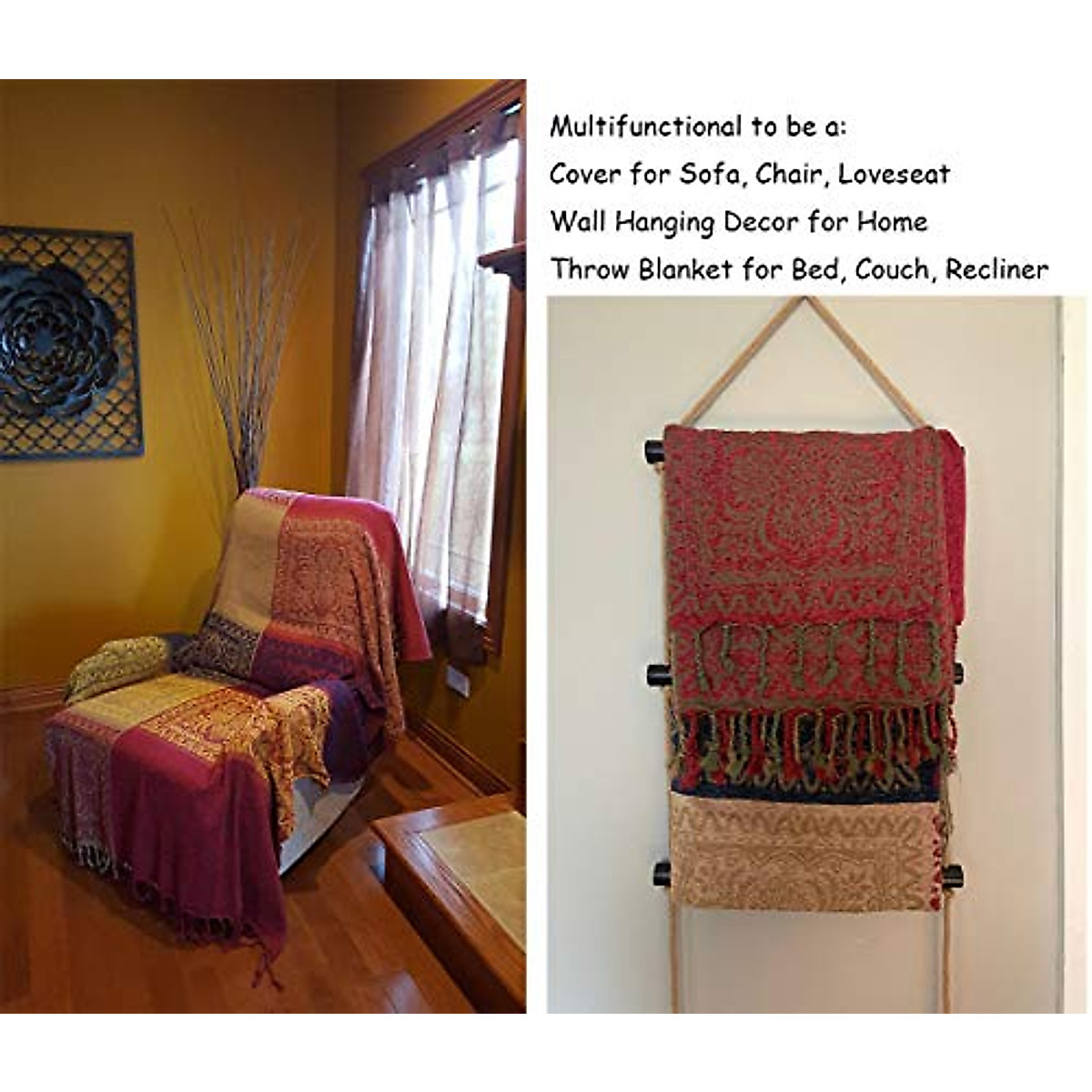 AIVIA Boho Throw Blanket, Colorful Chenille Jacquard Bohemian Chair Recliner Furniture Cover Aztec Hippie Throws Loveseat Sofa Blankets (60" x 75", Red Green Navy Yellow)