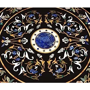 Natural Black Marble Round 24" x 24" Inch Coffee Table Top, Pietra Dura Semi Precious Stones Inlay Centre Table Top, Patio Table Top, Side Table Top, Piece Of Conversation, Family Heir Loom