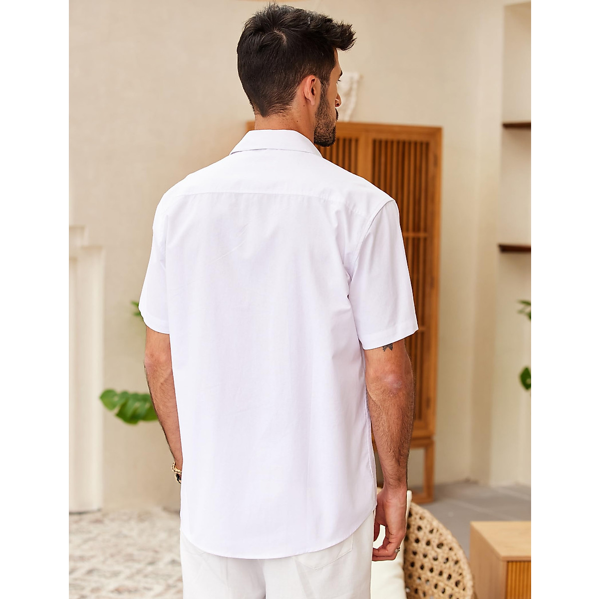 COOFANDY Men Linen Beach Shirt Casual Button Down Dress Shirt Summer Hawaiian Shirts White