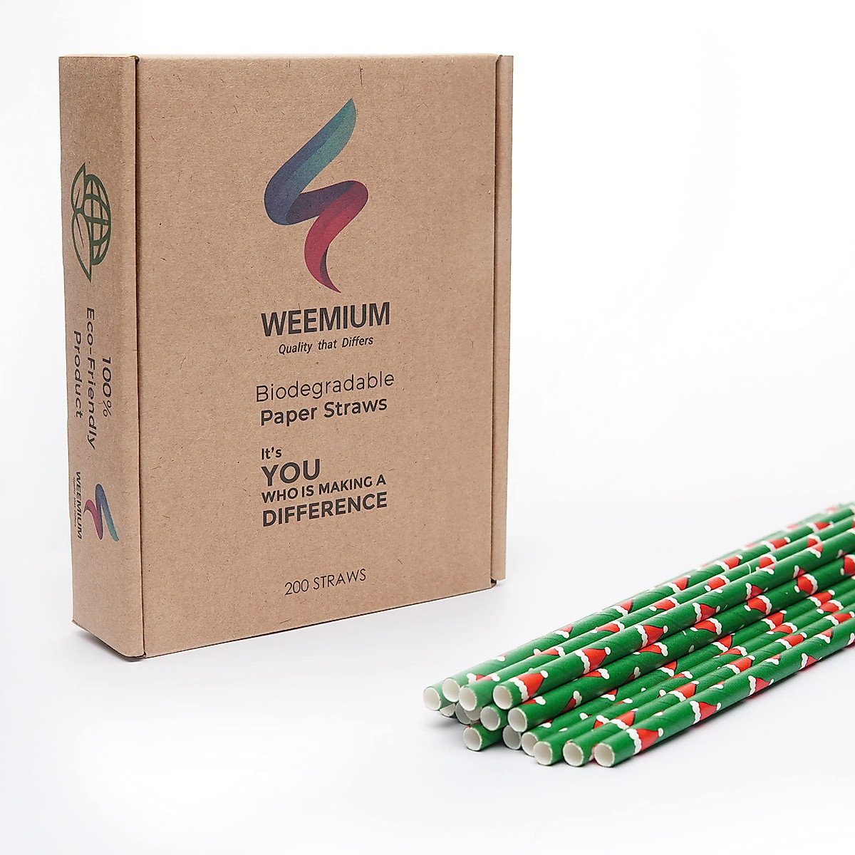 Weemium Christmas Paper Straws - Pack of 200 in 10 Designs - Biodegradable Christmas Straws for Drinking, Party & Crafts
