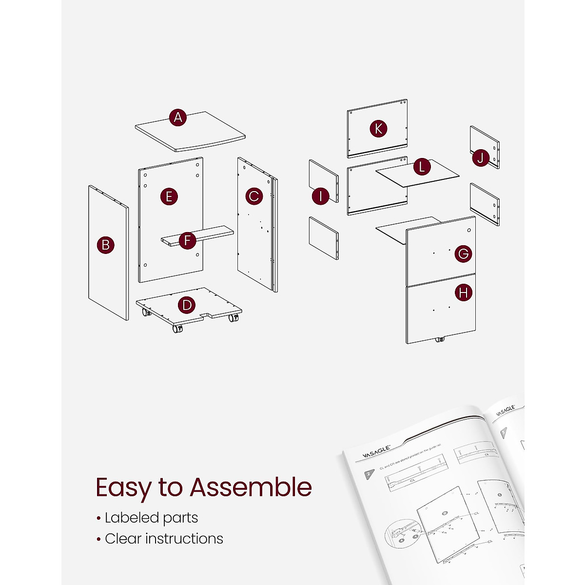 VASAGLE 2-Drawer File Cabinet, Locking Filing Cabinet for Home Office, Small Rolling File Cabinet, Printer Stand, for A4, Letter-Size, Assembly Required, Honey Brown and Ink Black ULCD027T46V2