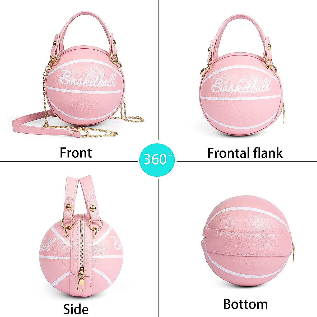 OHIW Women's basketball shoulder bag Messenger Bag handbag mini round bag PU bag, Zipper closure, suitable for women (pink)