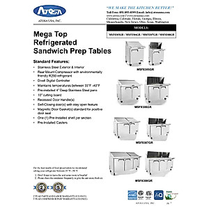 Atosa Sandwich Prep Table Refrigerator, MSF8305 1-Door Stainless Steel Salad Prep Table-Refigerator For Restaurant Kitchen 7.9 Cu.Ft. 27.5W34D46.6H inch 33?-38?