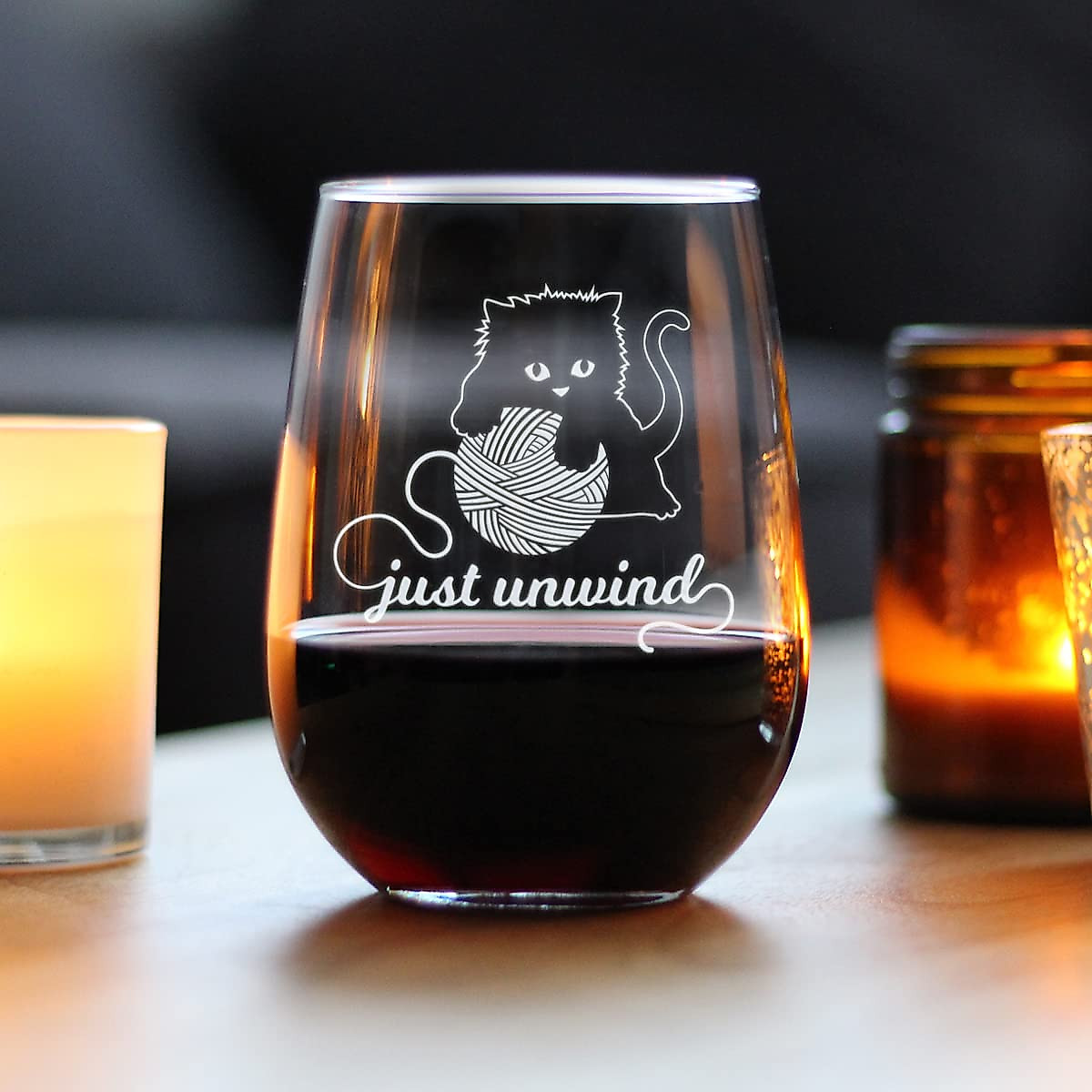 Just Unwind - Stemless Wine Glass - Funny Kitten Themed Gifts for Cat Lovers Who Knit and Crochet - Large 17 Oz Glasses