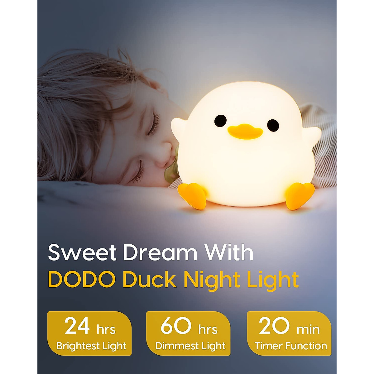 Amaredom DoDo Duck Night Light, Cute Duck Lamp, Silicone Dimmable Nursery Nightlight, Rechargeable LED Bedside Lamp with 20 Minutes Timer & Tap Control Baby Girls Women Bedrooms, Living Room